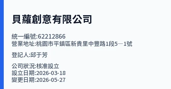 貝蘿創意有限公司的照片-統編 62212866(桃園市) 公司登記資料與營業項目詳細圖表