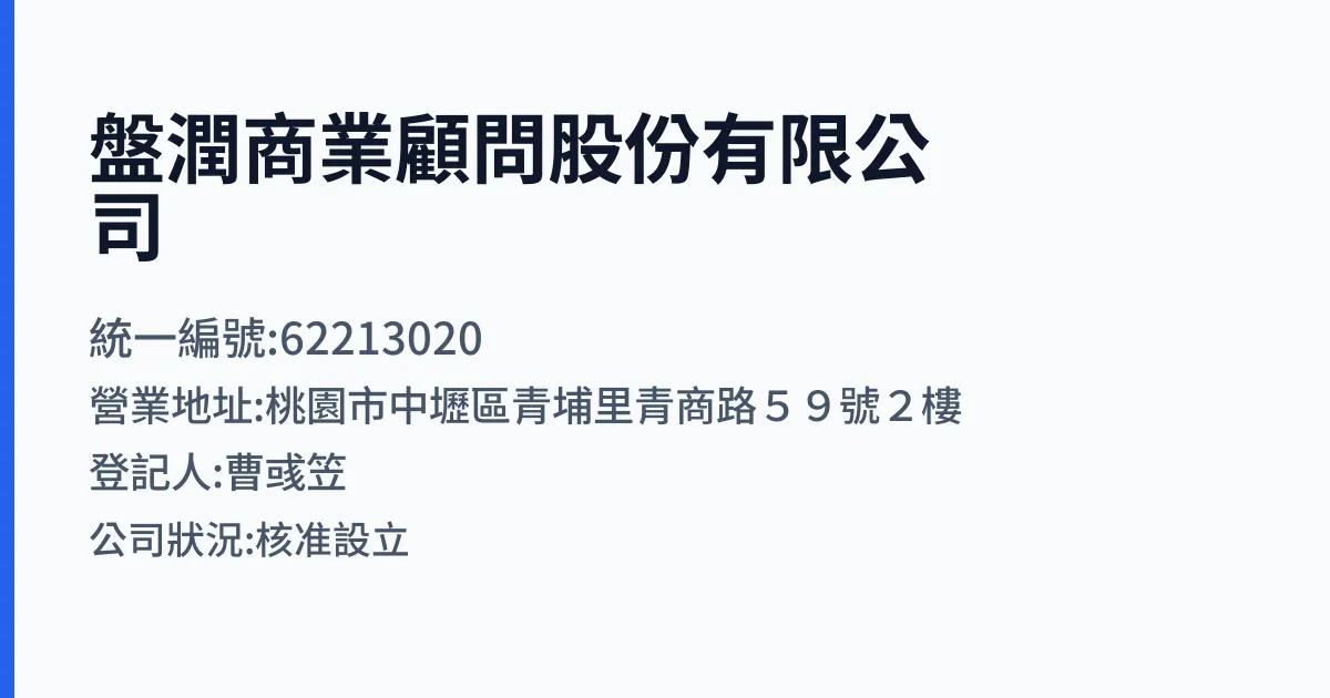 盤潤商業顧問股份有限公司 - 統編 62213020(桃園市) 公司登記資料與營業項目詳細圖表