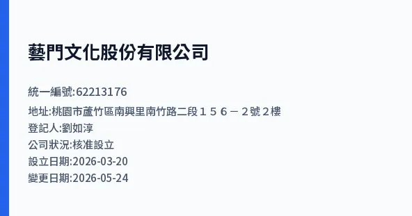 藝門文化股份有限公司的照片-統編 62213176(桃園市) 公司登記資料與營業項目詳細圖表