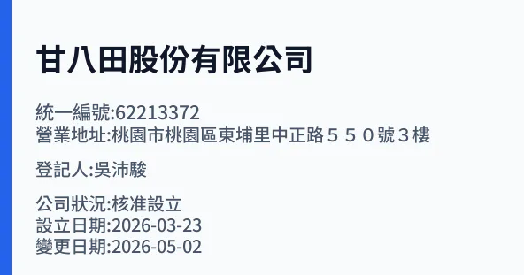 甘八田股份有限公司的照片-統編 62213372(桃園市) 公司登記資料與營業項目詳細圖表