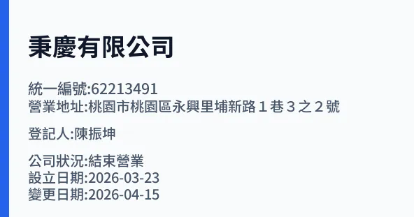 秉慶有限公司的照片-統編 62213491(桃園市) 公司登記資料與營業項目詳細圖表