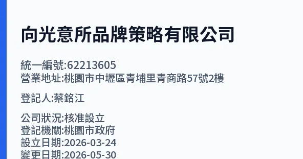 向光意所品牌策略有限公司的照片-統編 62213605(桃園市) 公司登記資料與營業項目詳細圖表