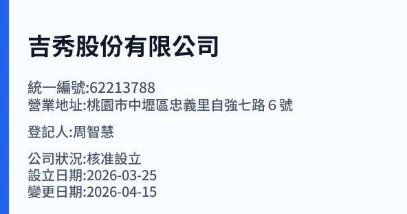 吉秀股份有限公司的照片-統編 62213788(桃園市) 公司登記資料與營業項目詳細圖表