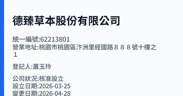 德臻草本股份有限公司的照片-統編 62213801(桃園市) 公司登記資料與營業項目詳細圖表