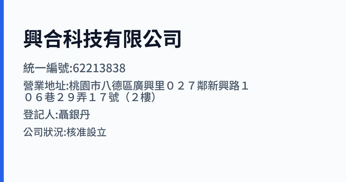 興合科技有限公司 - 統編 62213838(桃園市) 公司登記資料與營業項目詳細圖表
