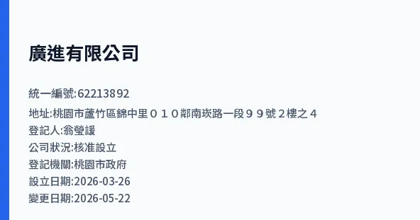 廣進有限公司的照片-統編 62213892(桃園市) 公司登記資料與營業項目詳細圖表