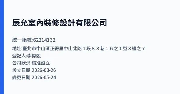 辰允室內裝修設計有限公司的照片-統編 62214132(臺北市) 公司登記資料與營業項目詳細圖表