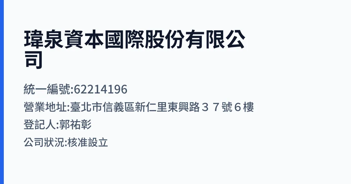 瑋泉資本國際股份有限公司 - 統編 62214196(臺北市) 公司登記資料與營業項目詳細圖表