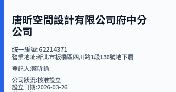 唐昕空間設計有限公司府中分公司的照片-統編 62214371(新北市) 公司登記資料與營業項目詳細圖表
