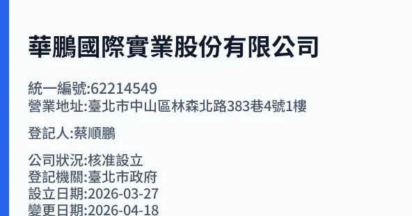 華鵬國際實業股份有限公司的照片-統編 62214549(臺北市) 公司登記資料與營業項目詳細圖表