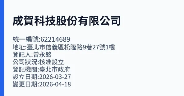 成賀科技股份有限公司的照片-統編 62214689(臺北市) 公司登記資料與營業項目詳細圖表