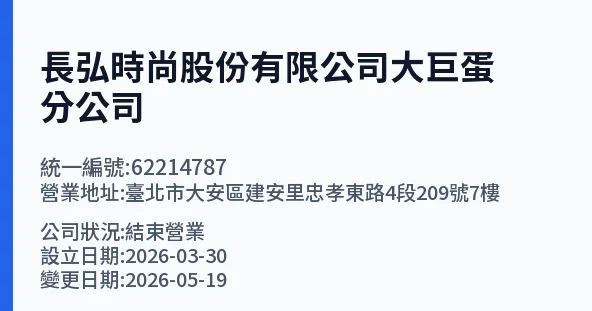 長弘時尚股份有限公司大巨蛋分公司的照片-統編 62214787(臺北市) 公司登記資料與營業項目詳細圖表