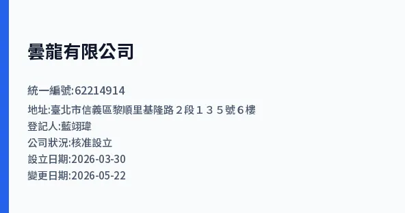 曇龍有限公司的照片-統編 62214914(臺北市) 公司登記資料與營業項目詳細圖表