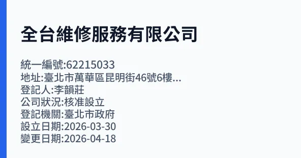 全台維修服務有限公司的照片-統編 62215033(臺北市) 公司登記資料與營業項目詳細圖表