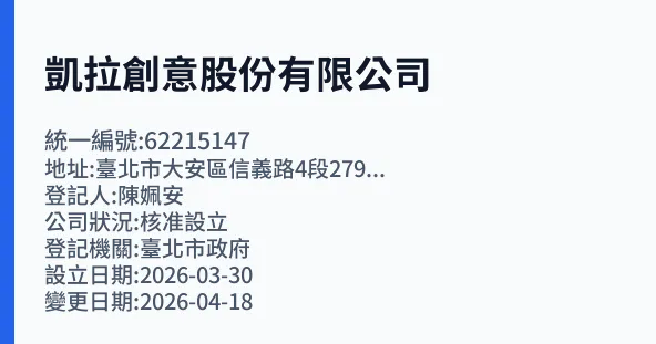 凱拉創意股份有限公司的照片-統編 62215147(臺北市) 公司登記資料與營業項目詳細圖表