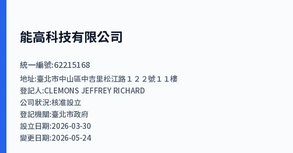 能高科技有限公司的照片-統編 62215168(臺北市) 公司登記資料與營業項目詳細圖表