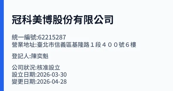 冠科美博股份有限公司的照片-統編 62215287(臺北市) 公司登記資料與營業項目詳細圖表