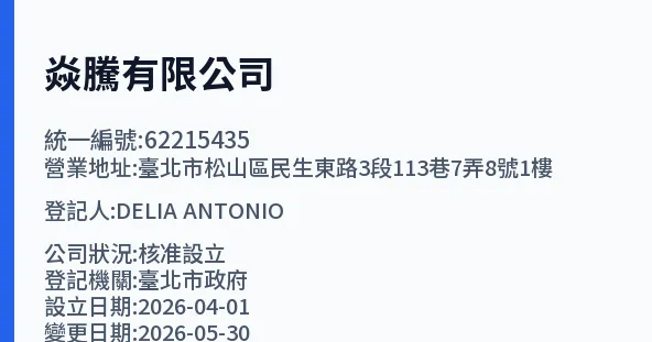 焱騰有限公司的照片-統編 62215435(臺北市) 公司登記資料與營業項目詳細圖表
