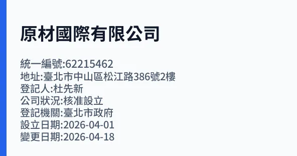 原材國際有限公司的照片-統編 62215462(臺北市) 公司登記資料與營業項目詳細圖表
