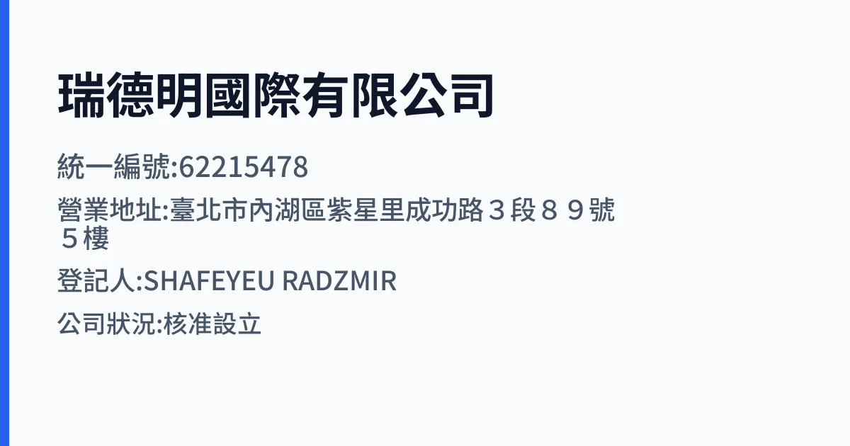 瑞德明國際有限公司 - 統編 62215478(臺北市) 公司登記資料與營業項目詳細圖表