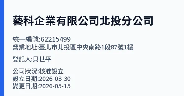 藝科企業有限公司北投分公司的照片-統編 62215499(臺北市) 公司登記資料與營業項目詳細圖表