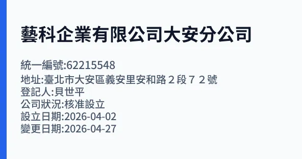 藝科企業有限公司大安分公司的照片-統編 62215548(臺北市) 公司登記資料與營業項目詳細圖表
