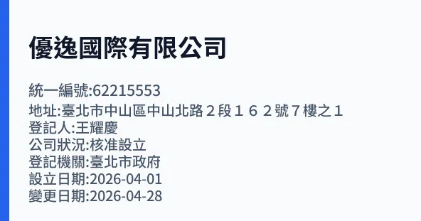 優逸國際有限公司的照片-統編 62215553(臺北市) 公司登記資料與營業項目詳細圖表
