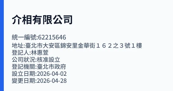 介相有限公司的照片-統編 62215646(臺北市) 公司登記資料與營業項目詳細圖表
