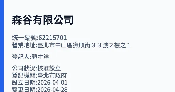 森谷有限公司的照片-統編 62215701(臺北市) 公司登記資料與營業項目詳細圖表