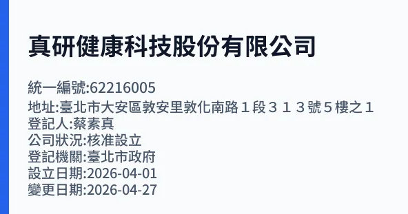 真研健康科技股份有限公司的照片-統編 62216005(臺北市) 公司登記資料與營業項目詳細圖表