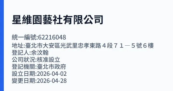 星維園藝社有限公司的照片-統編 62216048(臺北市) 公司登記資料與營業項目詳細圖表