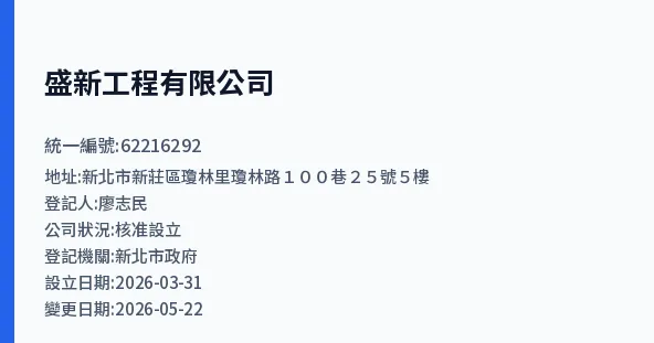 盛新工程有限公司的照片-統編 62216292(新北市) 公司登記資料與營業項目詳細圖表
