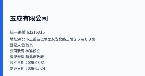 玉成有限公司的照片-統編 62216315(新北市) 公司登記資料與營業項目詳細圖表