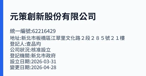 元策創新股份有限公司的照片-統編 62216429(新北市) 公司登記資料與營業項目詳細圖表
