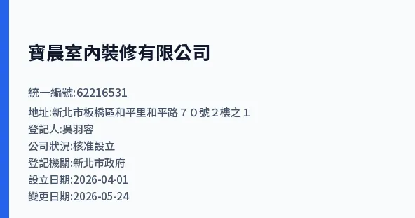 寶晨室內裝修有限公司的照片-統編 62216531(新北市) 公司登記資料與營業項目詳細圖表