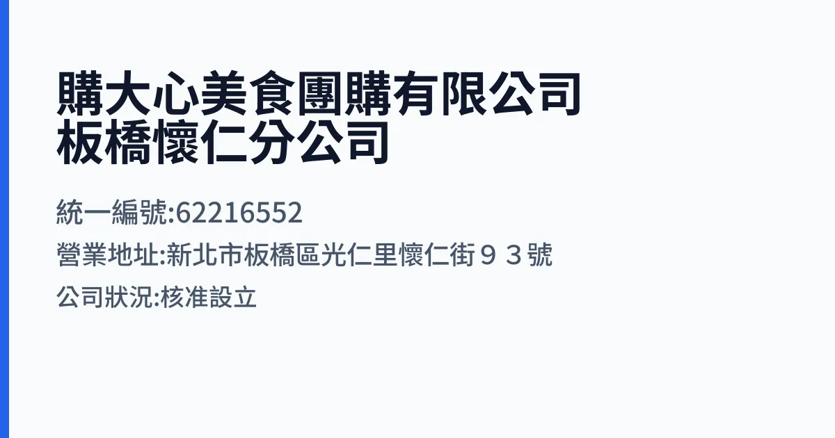 購大心美食團購有限公司板橋懷仁分公司 - 統編 62216552(新北市) 公司登記資料與營業項目詳細圖表