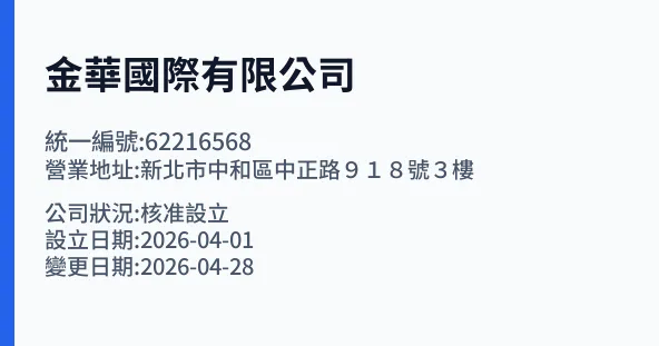 金華國際有限公司的照片-統編 62216568(新北市) 公司登記資料與營業項目詳細圖表