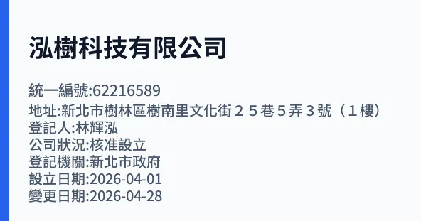 泓樹科技有限公司的照片-統編 62216589(新北市) 公司登記資料與營業項目詳細圖表
