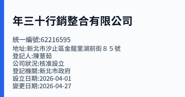 年三十行銷整合有限公司的照片-統編 62216595(新北市) 公司登記資料與營業項目詳細圖表