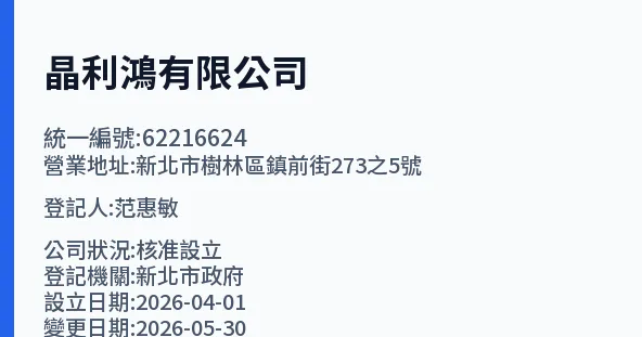 晶利鴻有限公司的照片-統編 62216624(新北市) 公司登記資料與營業項目詳細圖表