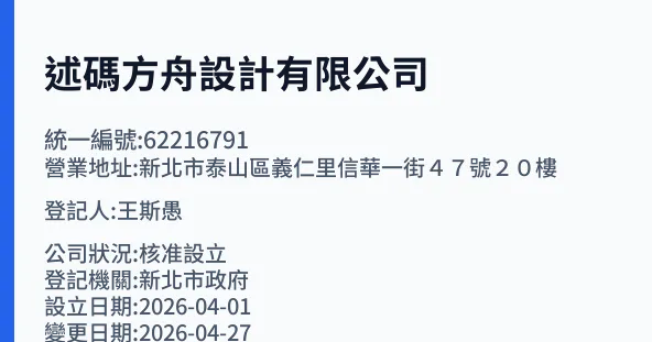 述碼方舟設計有限公司的照片-統編 62216791(新北市) 公司登記資料與營業項目詳細圖表