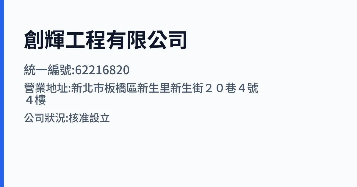 創輝工程有限公司 - 統編 62216820(新北市) 公司登記資料與營業項目詳細圖表