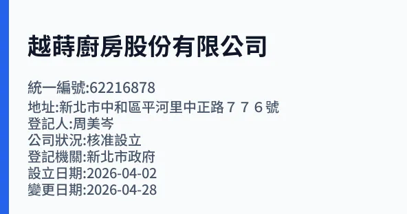 越蒔廚房股份有限公司的照片-統編 62216878(新北市) 公司登記資料與營業項目詳細圖表