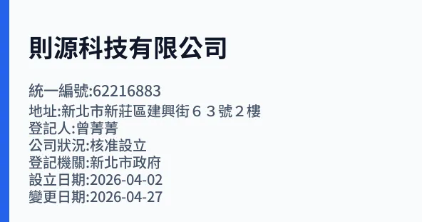 則源科技有限公司的照片-統編 62216883(新北市) 公司登記資料與營業項目詳細圖表