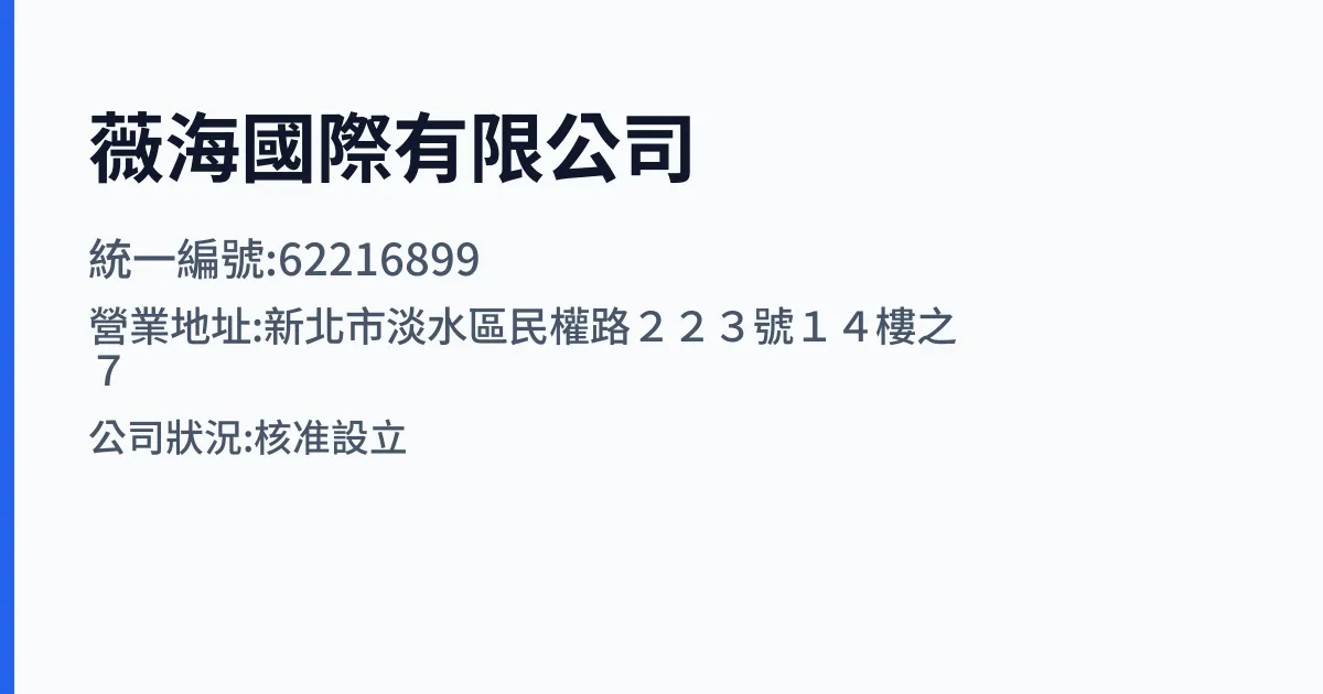 薇海國際有限公司 - 統編 62216899(新北市) 公司登記資料與營業項目詳細圖表