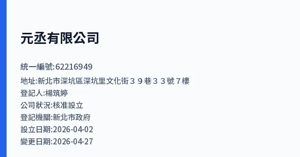 元丞有限公司的照片-統編 62216949(新北市) 公司登記資料與營業項目詳細圖表