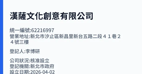 漢薩文化創意有限公司的照片-統編 62216997(新北市) 公司登記資料與營業項目詳細圖表