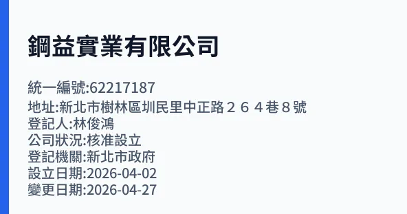 鋼益實業有限公司的照片-統編 62217187(新北市) 公司登記資料與營業項目詳細圖表