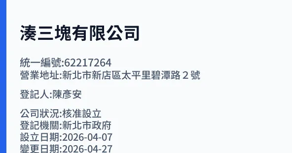 湊三塊有限公司的照片-統編 62217264(新北市) 公司登記資料與營業項目詳細圖表