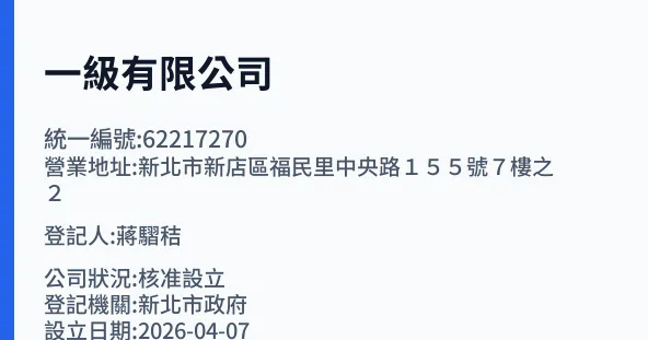 一級有限公司的照片-統編 62217270(新北市) 公司登記資料與營業項目詳細圖表